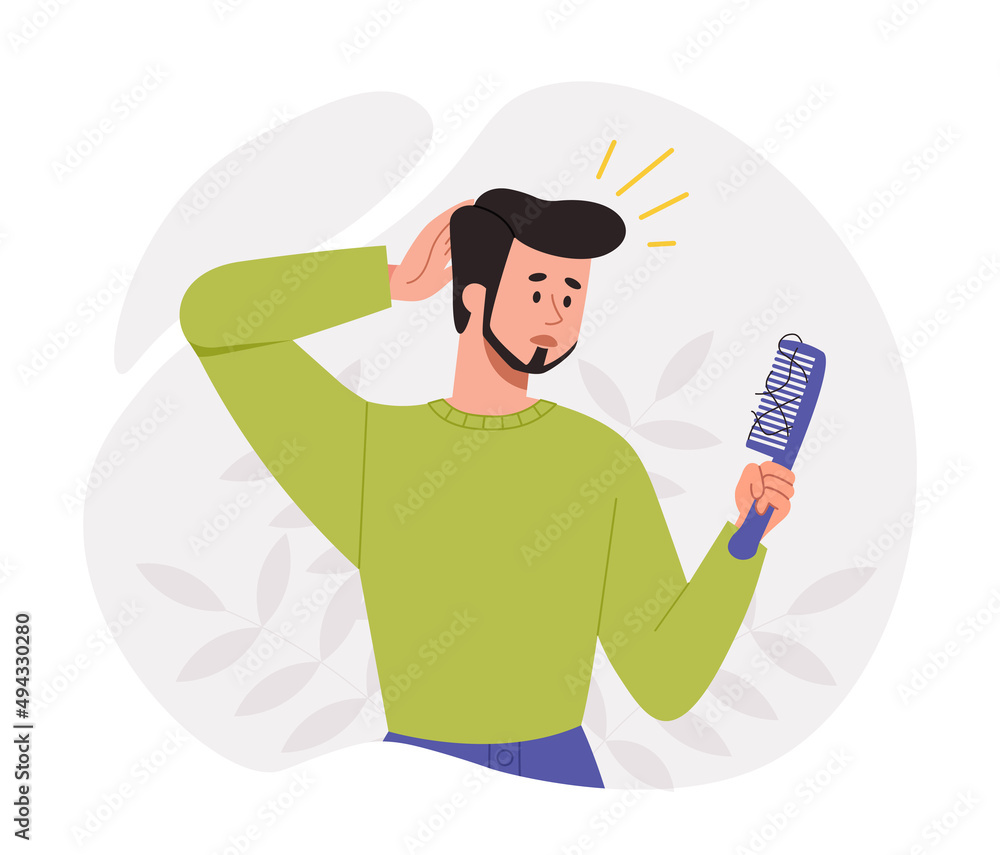 Hair loss concept. Man looking at comb, alopecia and health problems ...