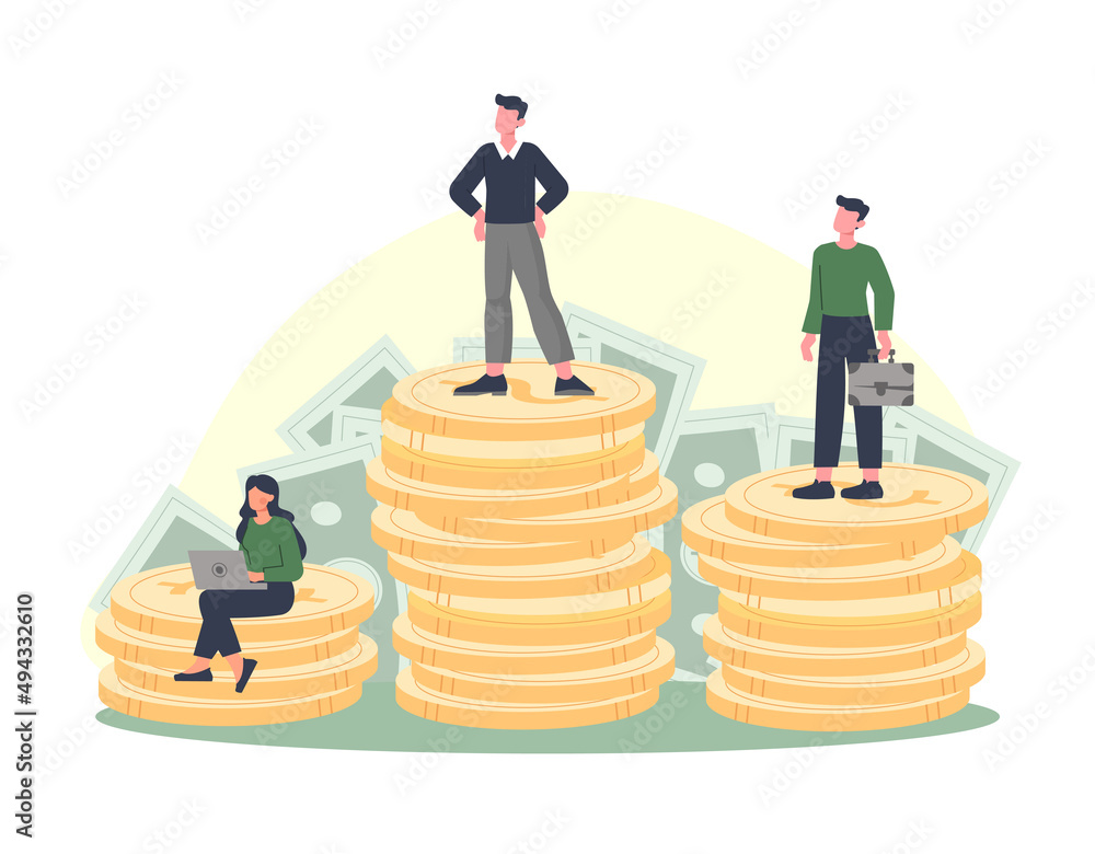 Salary and income. Men and girl stand on different piles of money ...