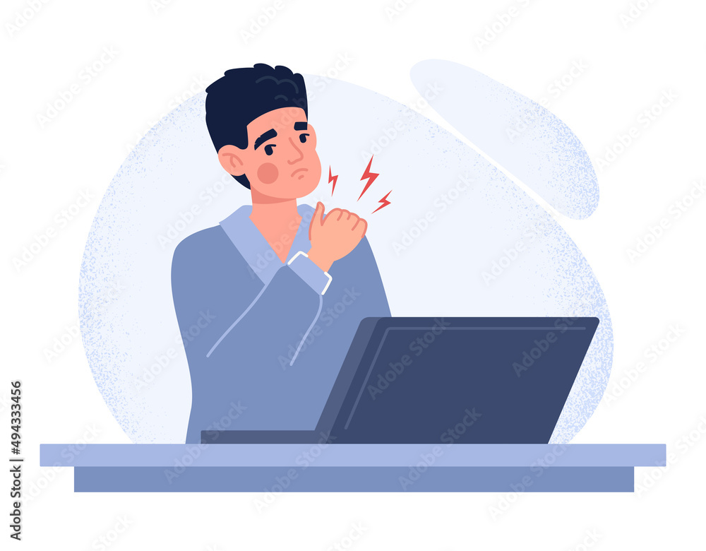 Man with stiff. Young guy in front of laptop with sore finger. Bruise ...