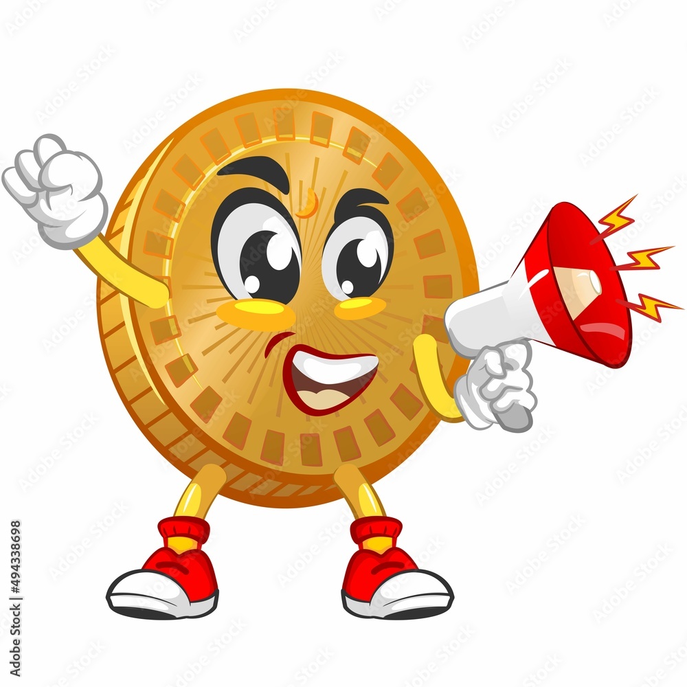vector cartoon illustration of cute coin mascot with loudspeaker Stock ...