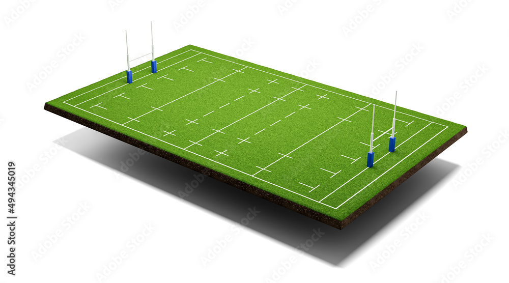 3D illustration of a Rugby Ground cross-section stadiu on a green grass ...