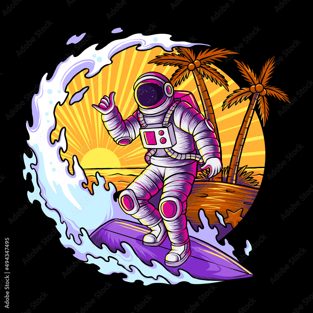 Astronaut Summer Surfing on Space beach Stock Vector | Adobe Stock
