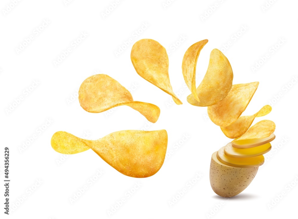 Fototapeta Realistic potato turning into wavy crispy chips, flying ... Fototapeta Realistic potato turning into wavy crispy chips, flying ...