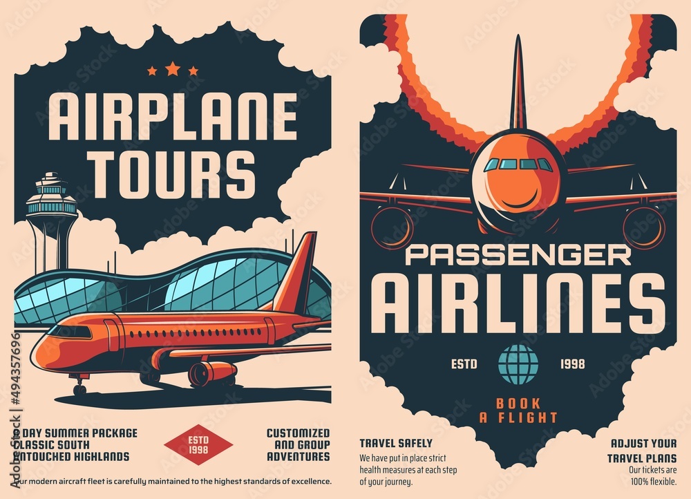 Aviation and airplane retro posters, air plane tours and travel flights ...