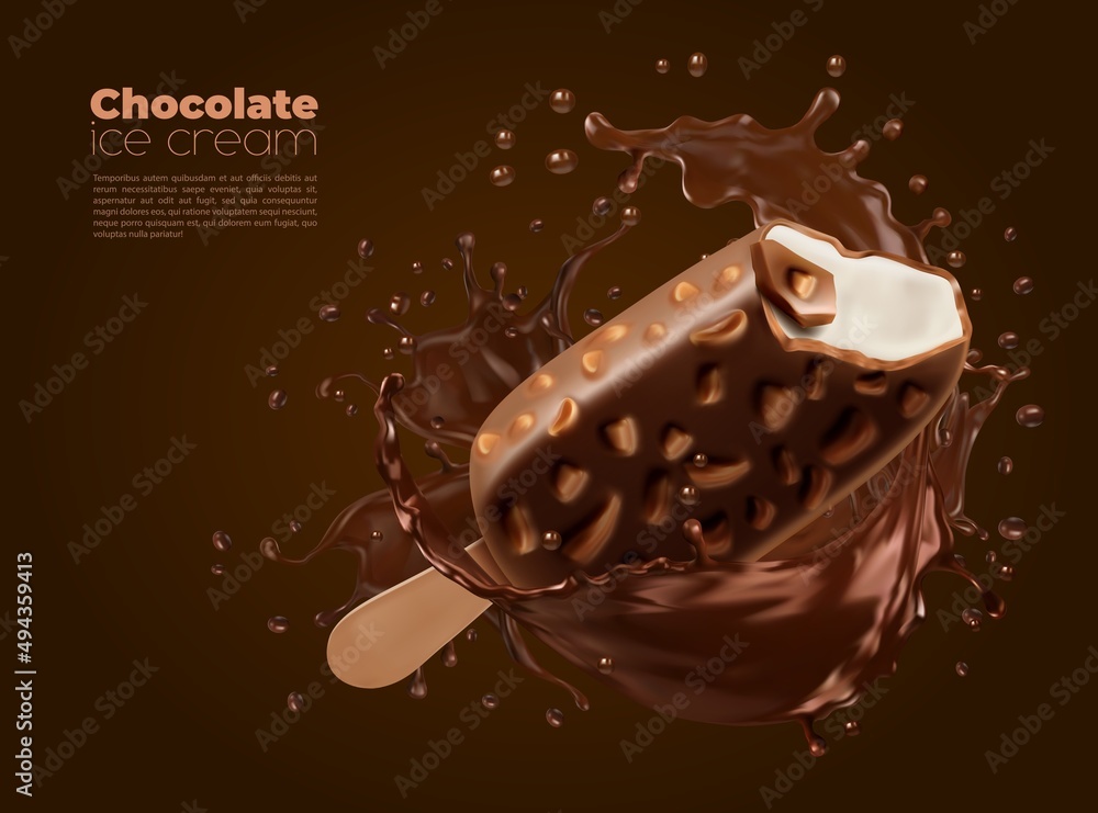 Realistic chocolate splash and ice cream. Vector ad poster with bite ...