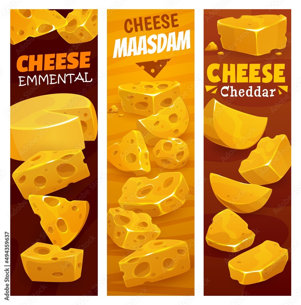 Maasdam, Emmental and Cheddar cheese banners, vector dairy food. Milk ...
