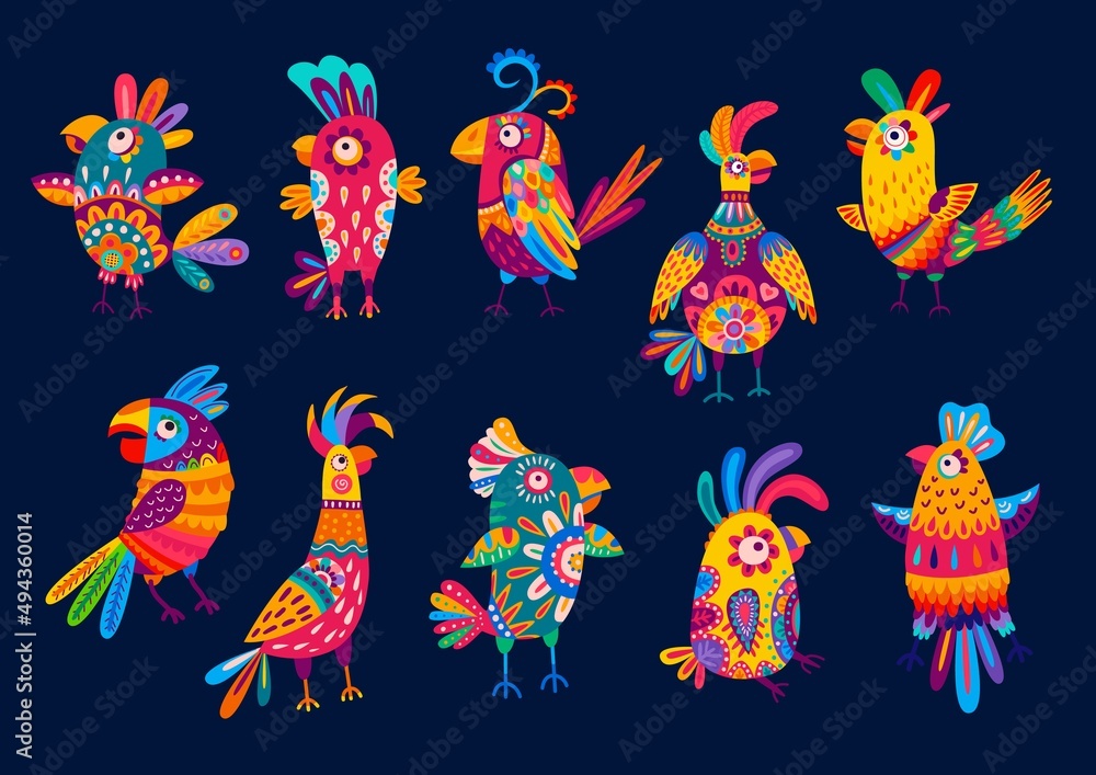 Colorful brazilian and mexican parrot birds, vector alebrije paper ...