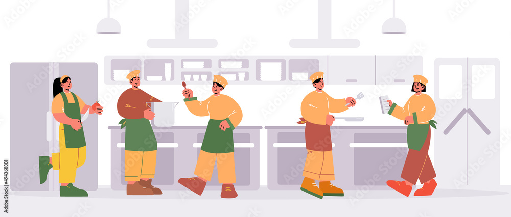 Restaurant chefs cooking on kitchen. Cafe staff characters team wear ...