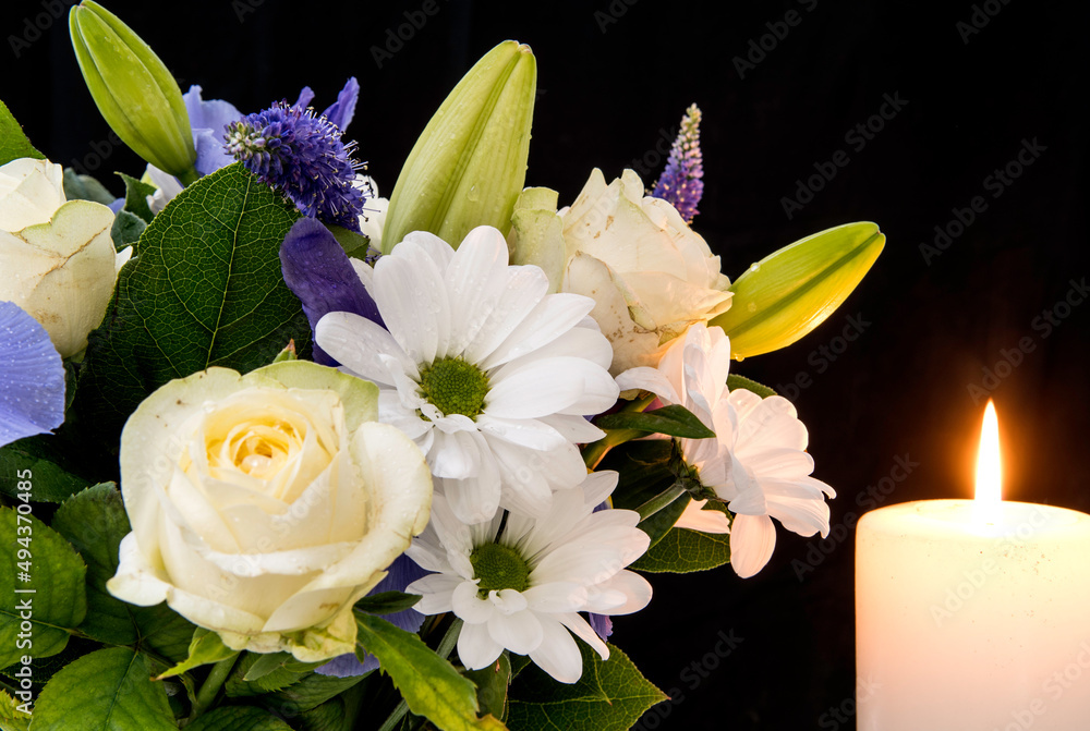 Funeral Bouquet purple White flowers and burning white candle, Sympathy ...