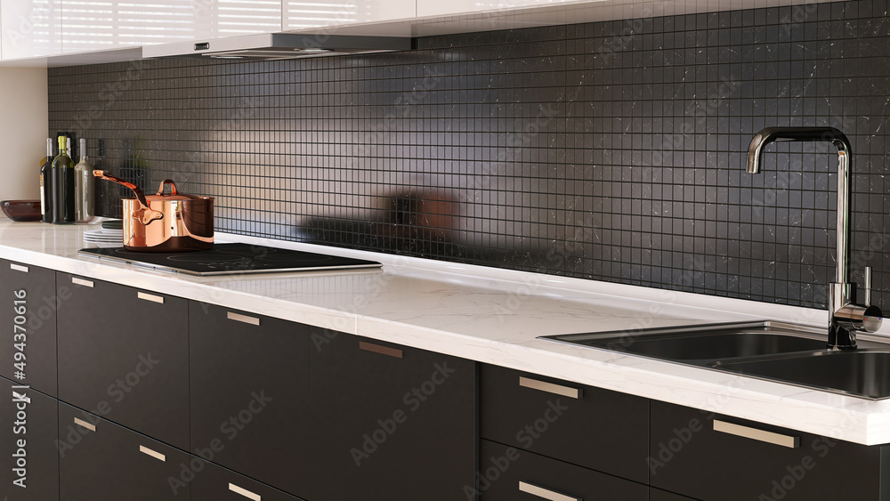 3D render perspective mock up interior design of a modern black kitchen ...