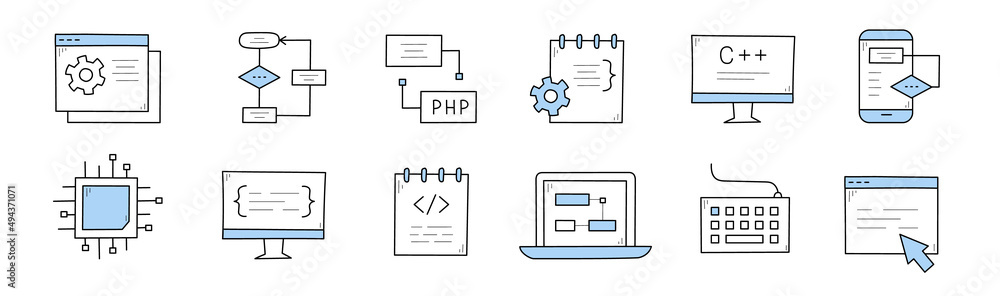 Coding And Programming Doodle Icons Set Computer With Code On Screen Algorithm Scheme Mobile