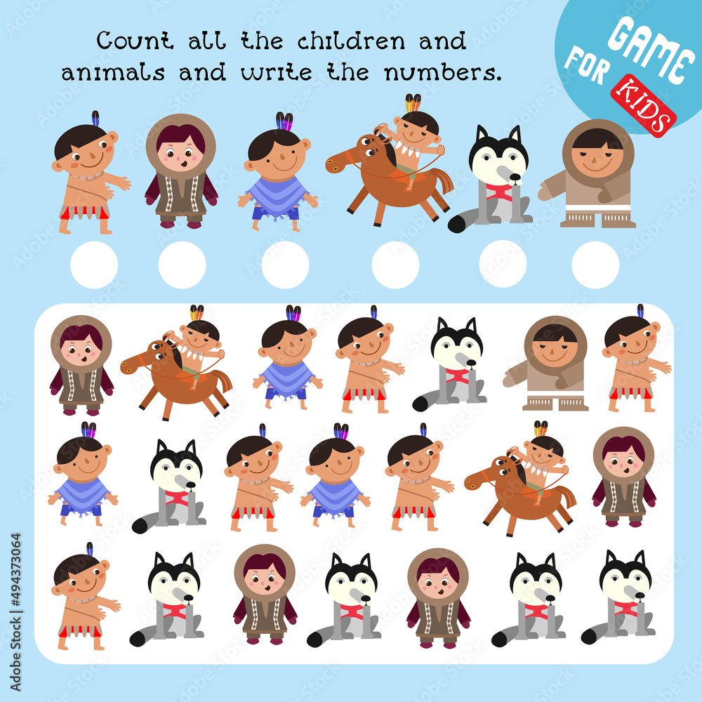 How many children, animals do you see here. Count and write numbers ...