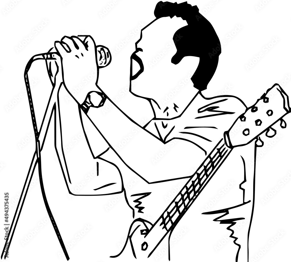 Vetor de Line art illustration of pop singer with mic and guitar ...