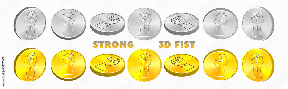 Vector 3D set of silver and gold coins or tokens with a strong male ...