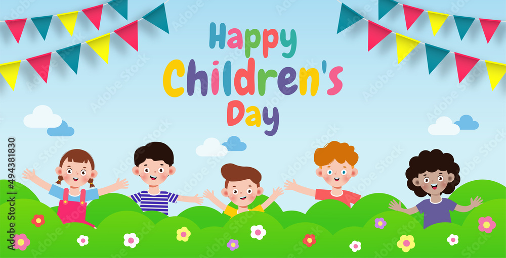 Happy children's day banner Template background, kids jumping and ...