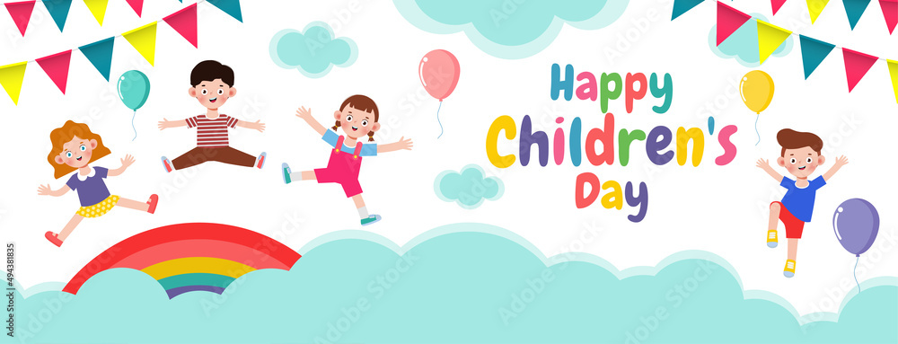 Happy children's day banner Template background, kids jumping and ...