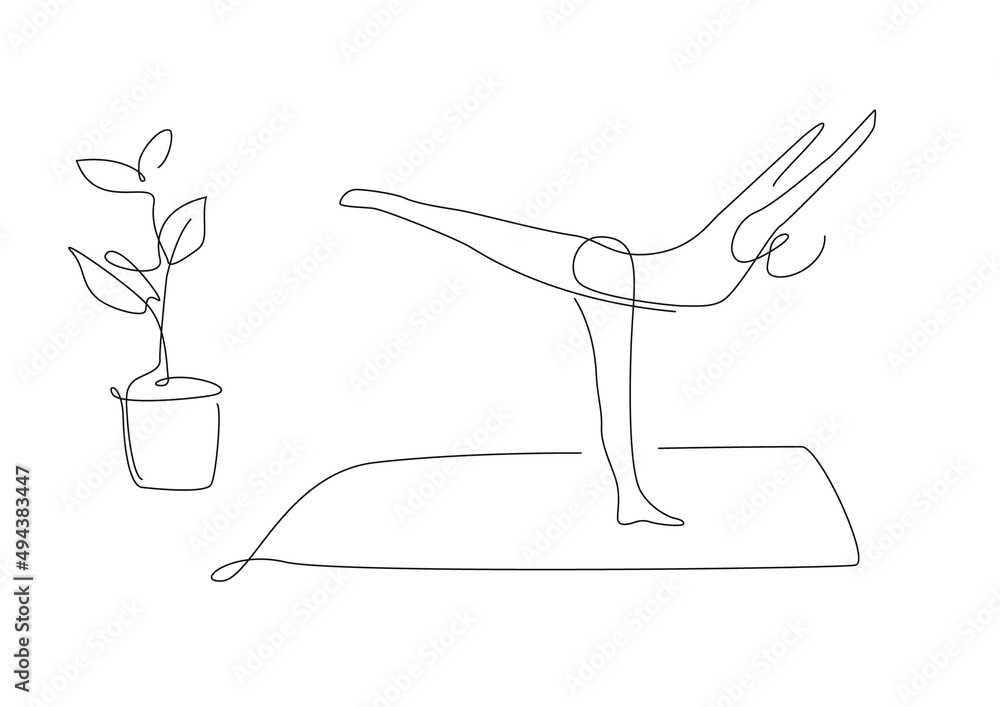 Pilates one line pose. Yoga Warrior III asana. vector woman stretching ...