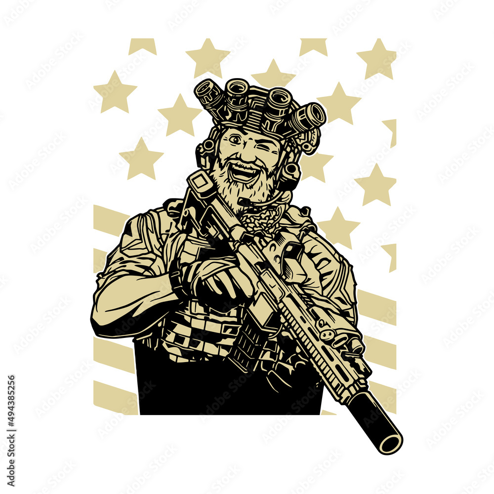 American soldier with gun smiles against the background of the flag ...