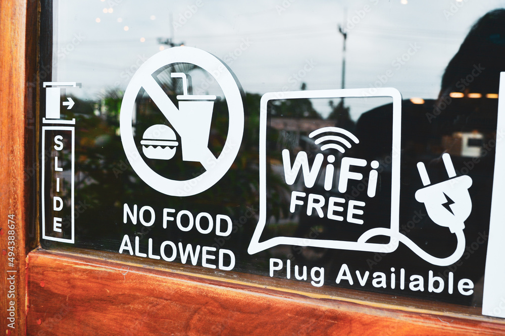 Sticker on the glass of a coffee shop. coffee shop glass Stock Photo ...