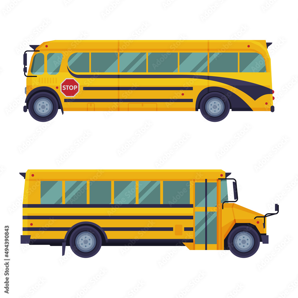Side view yellow classic bus set cartoon vector illustration Stock ...