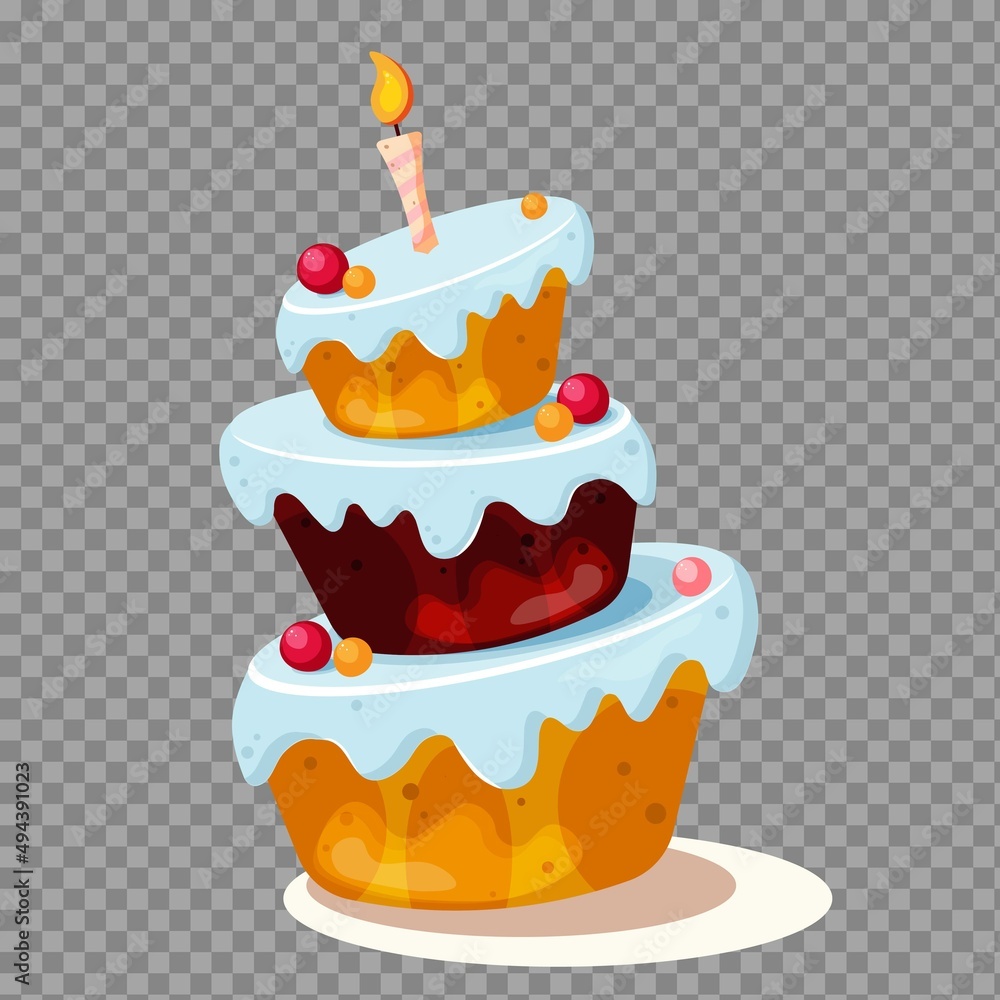 Vector cake with blue icing and a candle in cartoon style on a ...