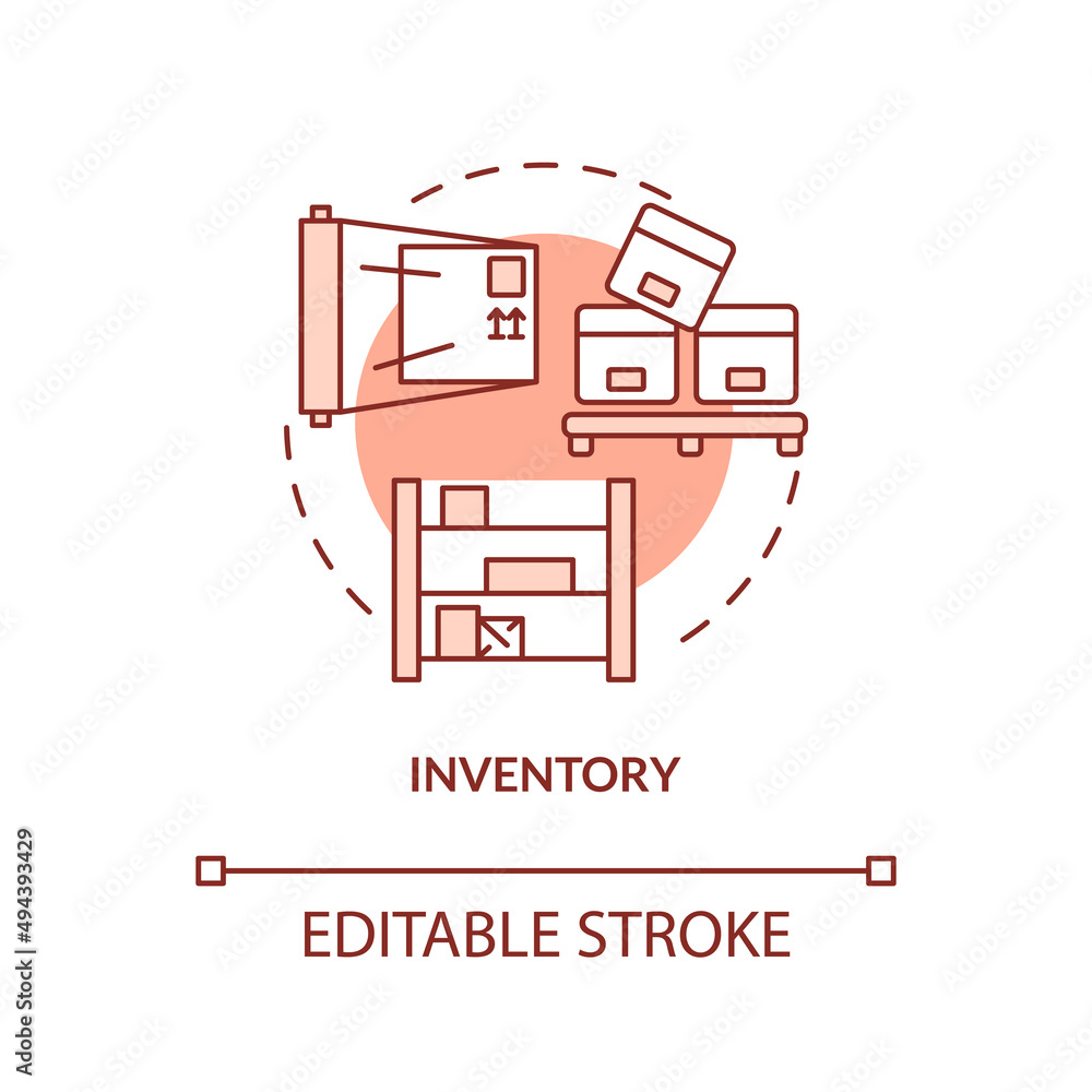 Inventory red concept icon. Goods in process and raw materials. Type of ...