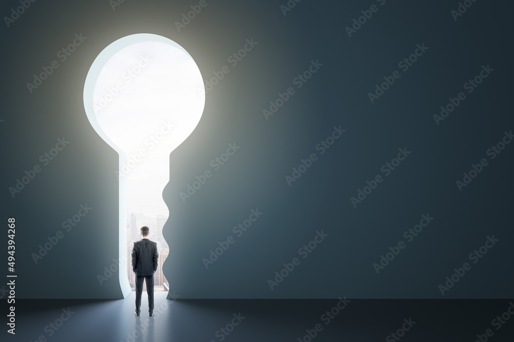 Back view of man standing in abstract key opening in wall with bright ...