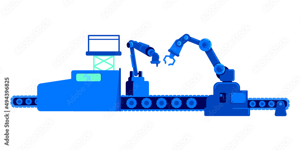 Assembly line with industrial robotic arms semi flat color vector ...