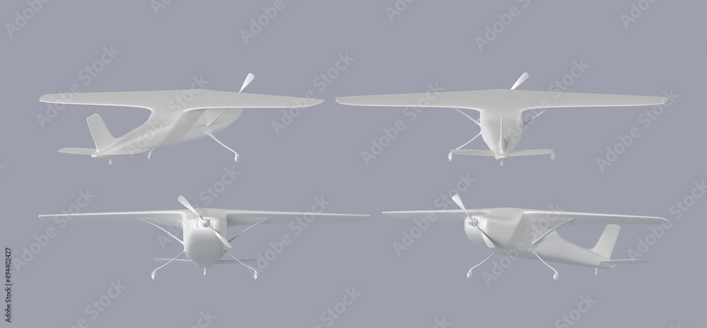 White small airplane front, back and angle view. Realistic mockup ...