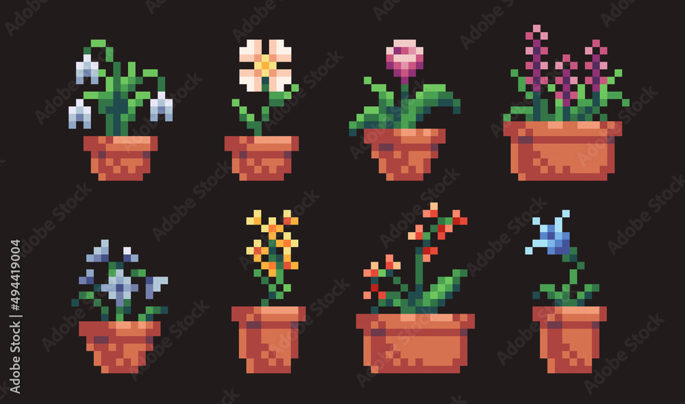 Flowerpot pixel art set. Home plants in ceramic vase collection. 8-bit ...