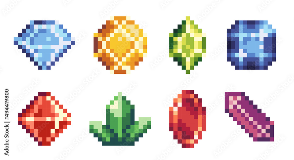 Gems: diamond, ruby, emerald, amethyst pixel art icon set. Precious stones and crystals logo ...