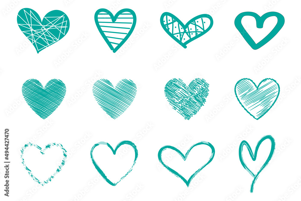 Heart contour vector. Turquoise hand drawn love icon isolated. Paint ...