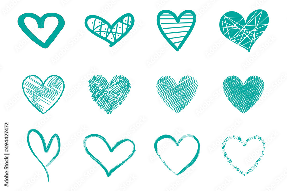 Heart contour vector. Turquoise hand drawn love icon isolated. Paint ...