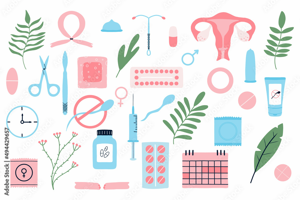 Contraception set. Types of contraception.The concept of awareness of ...