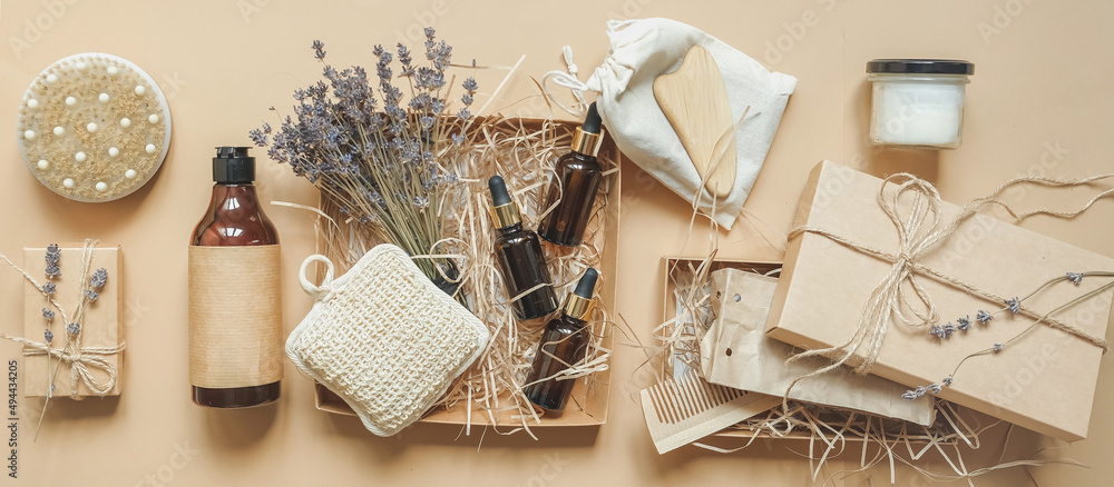 Flat lay care box composition.Eco friendly beauty cosmetics set for ...