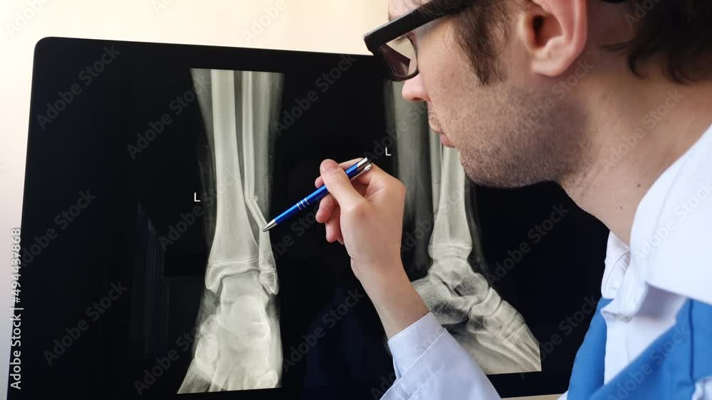 Man radiologist analysing a football player patient x ray with a fibula ...