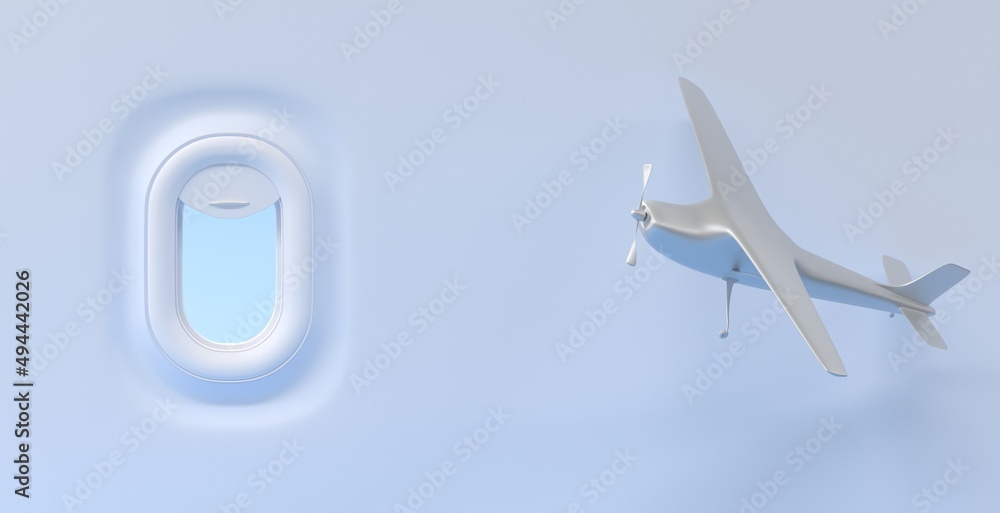 Airplane window and flying small plane with propelled. Porthole with ...