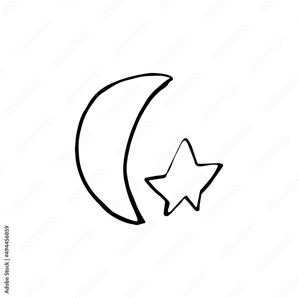 Simple doodle moon, stars. Hand drawn moon, isolated on white backdrop ...