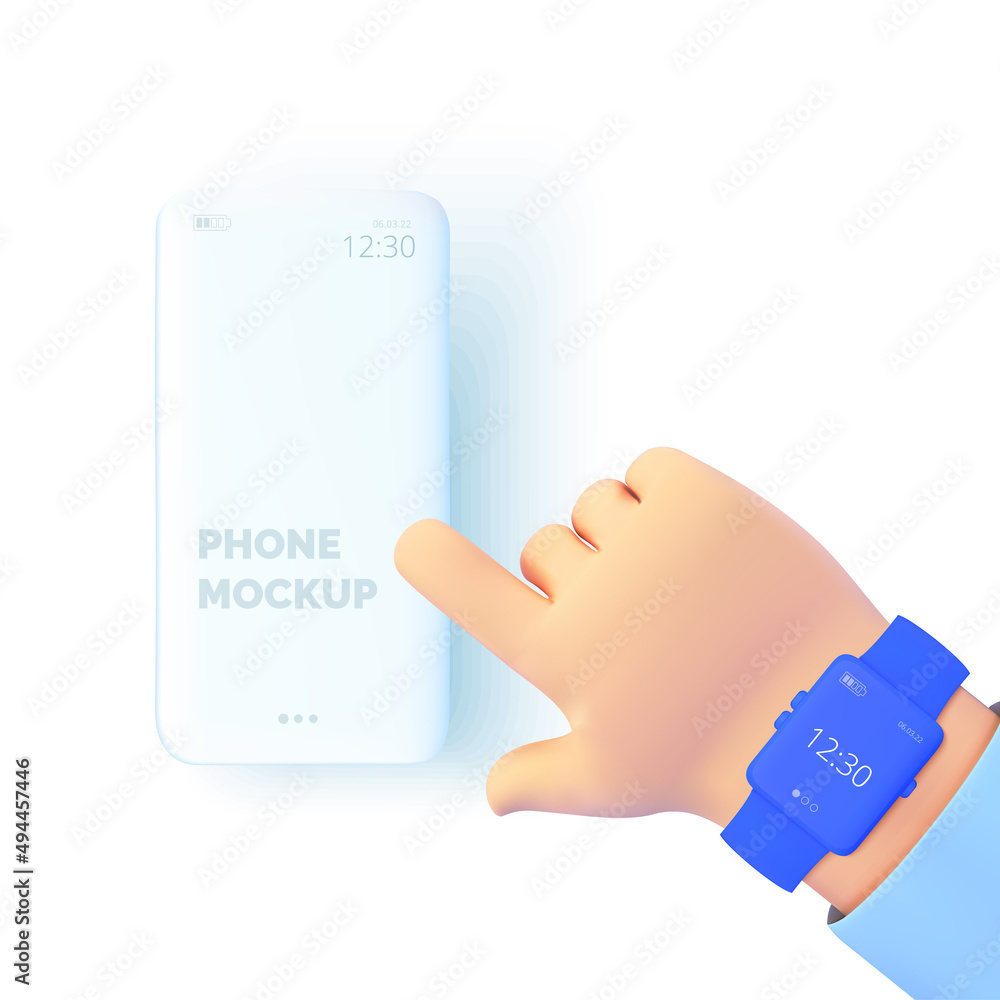 Cartoon hand holding a phone. Smartphone mockup. The finger taps on the ...
