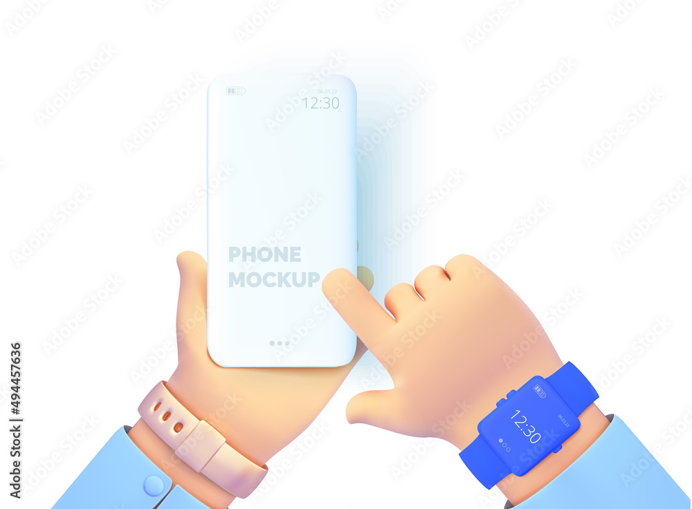 Cartoon hand holding a phone. Smartphone mockup. The finger taps on the ...