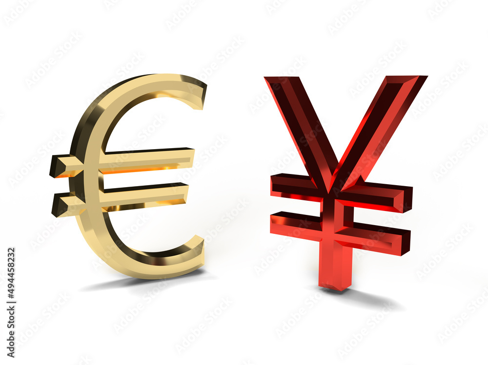 3d render golden symbol yena and red symbol yena isolated white ...