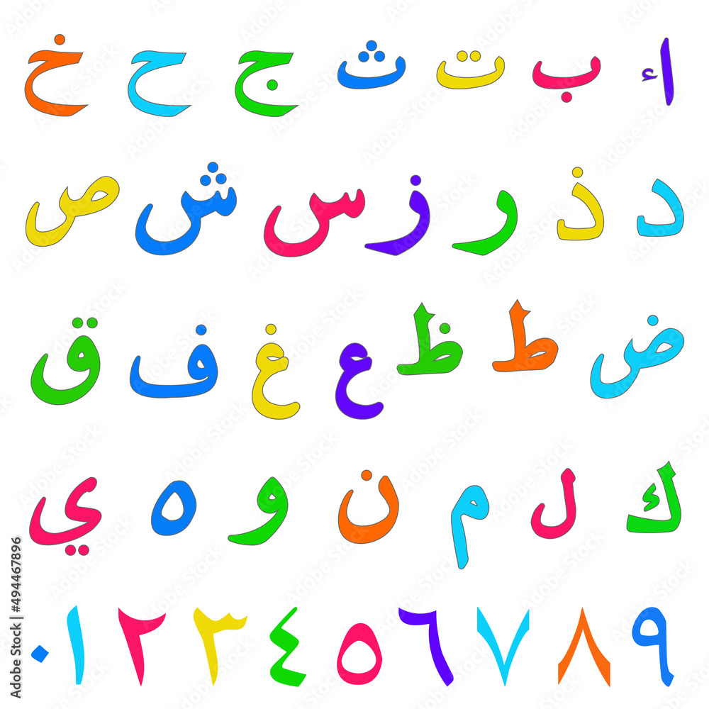 Arabic colorful alphabet and numbers. Arabic decorative fonts and ...