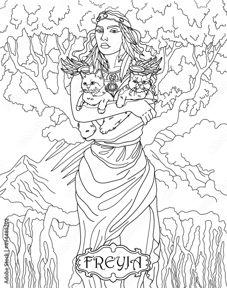 Freyia. Coloring book for adults. Scandinavian mythology. Black and ...