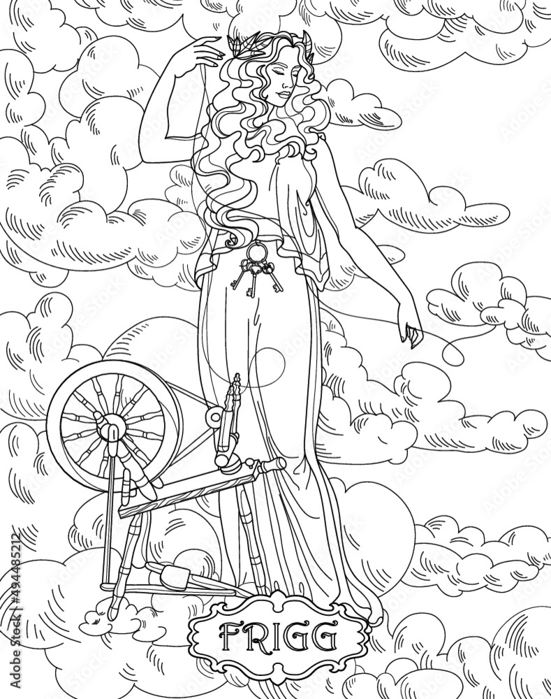 Frigg.Coloring book for adults. Scandinavian mythology. Black and white ...