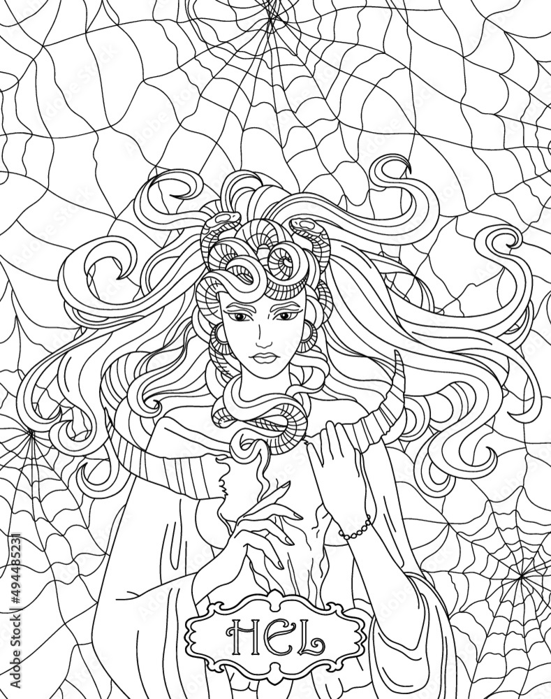Hel. Coloring book for adults. Scandinavian mythology. Black and white ...