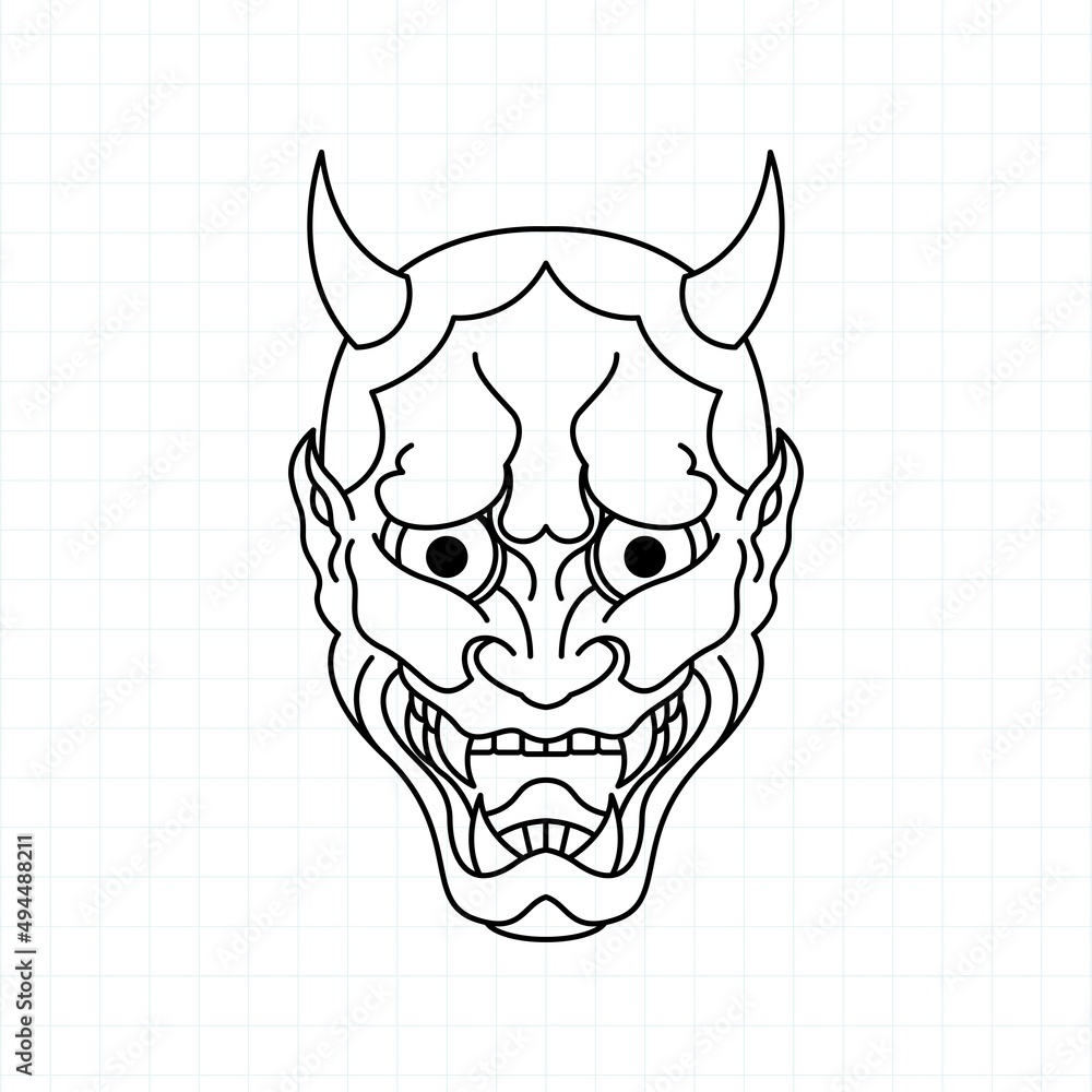 Hand drawn Japanese Oni demon mask coloring page, Vector illustration ...