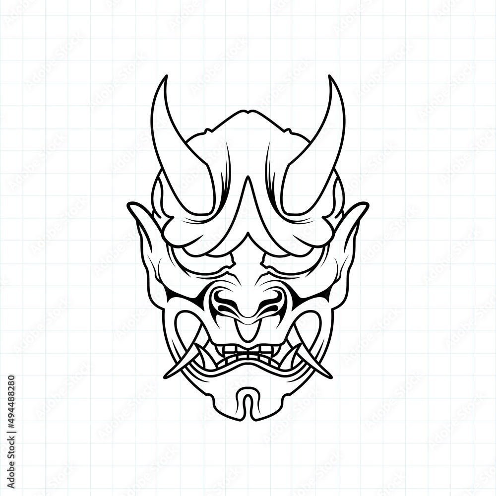 Hand drawn Japanese Oni demon mask coloring page, Vector illustration ...