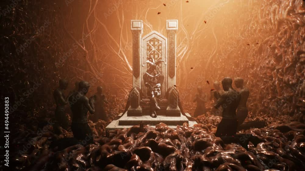 A creepy blood jester sits on a royal throne in his dark dungeon ...