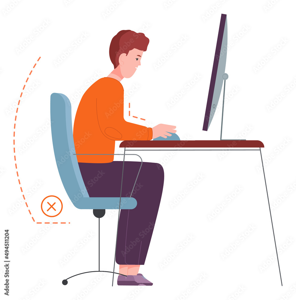 Wrong pose for working at computer desk. Back pain cause Stock Vector ...