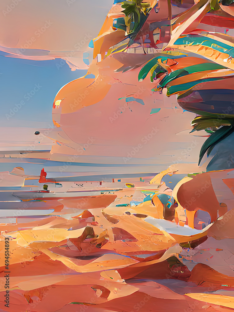 Digital art of a fantasy beach in the sun Stock Illustration | Adobe Stock